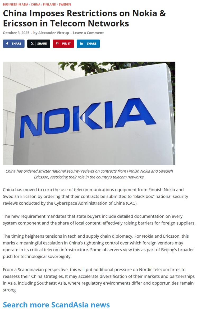 China Imposes Restrictions on Nokia & Ericsson in Telecom Networks - 设备商讨论区 - 通信人家园 - Powered by ...